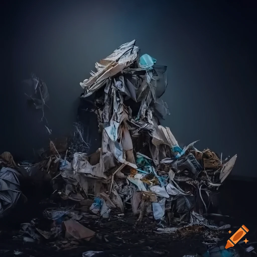 Distorted figure caught in junk garbage web in a destroyed landscape on ...