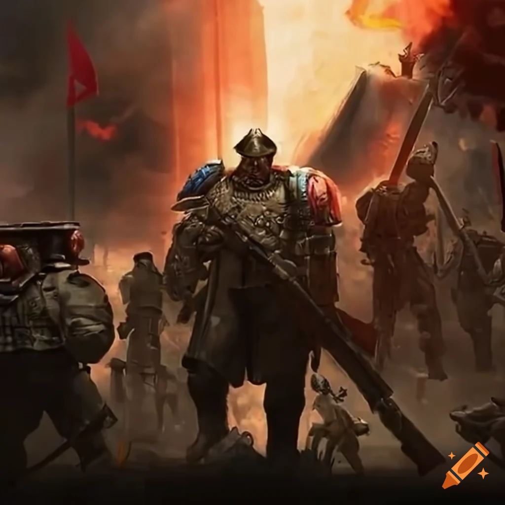 Soviet and Nazi forces in battle wearing warhammer style suits on Craiyon