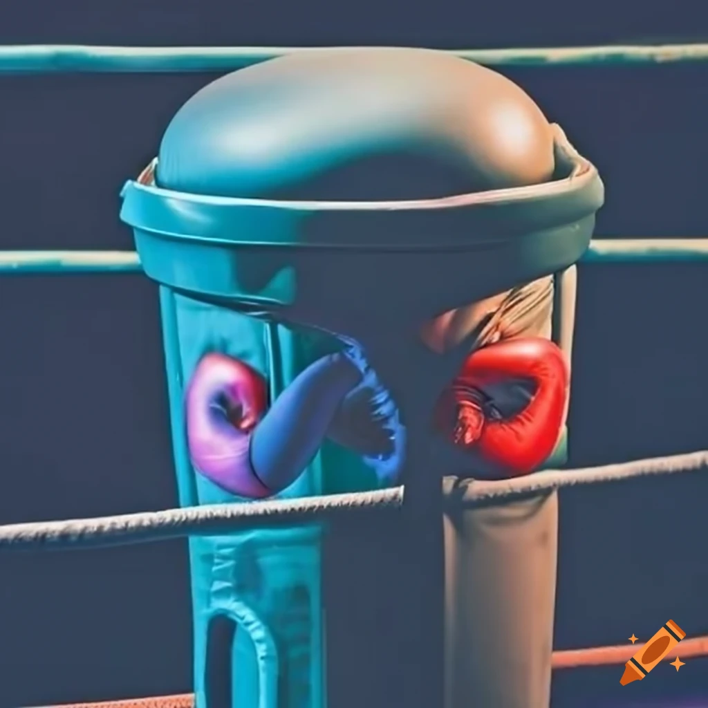 Garbage bin with eyes in a boxing ring wearing boxing gloves