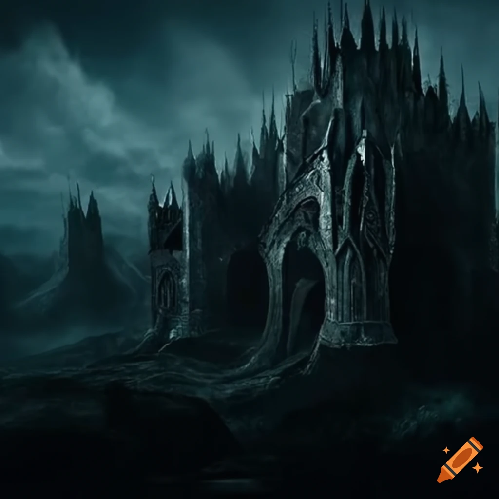 Dark fortress resembling settings from Lord of the Rings and The Hobbit ...