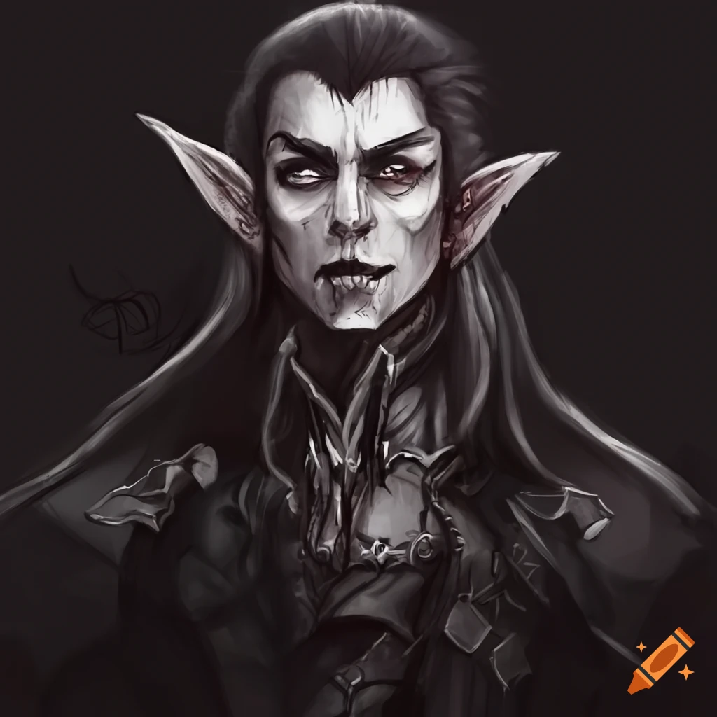 Gothic elf man character concept art in pencil sketch