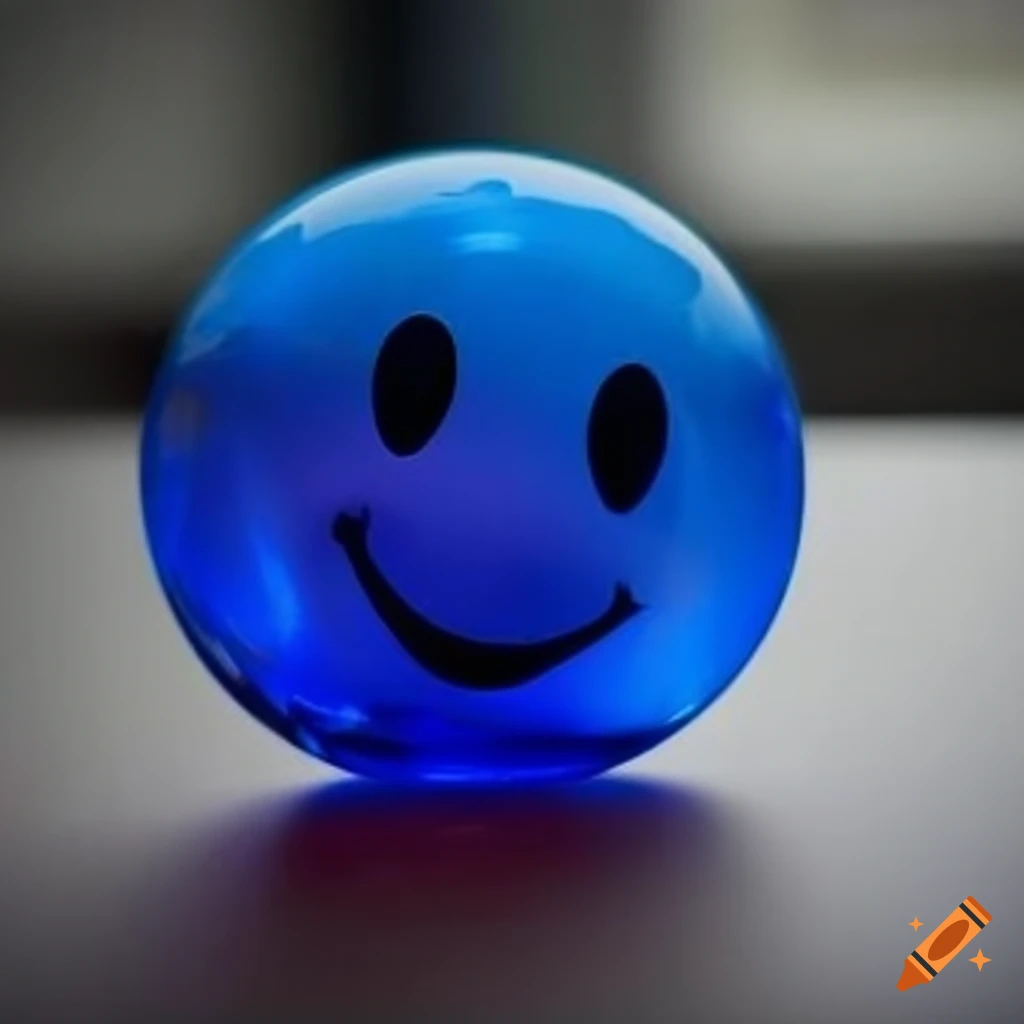 Translucent blue sphere smiley face on a desk