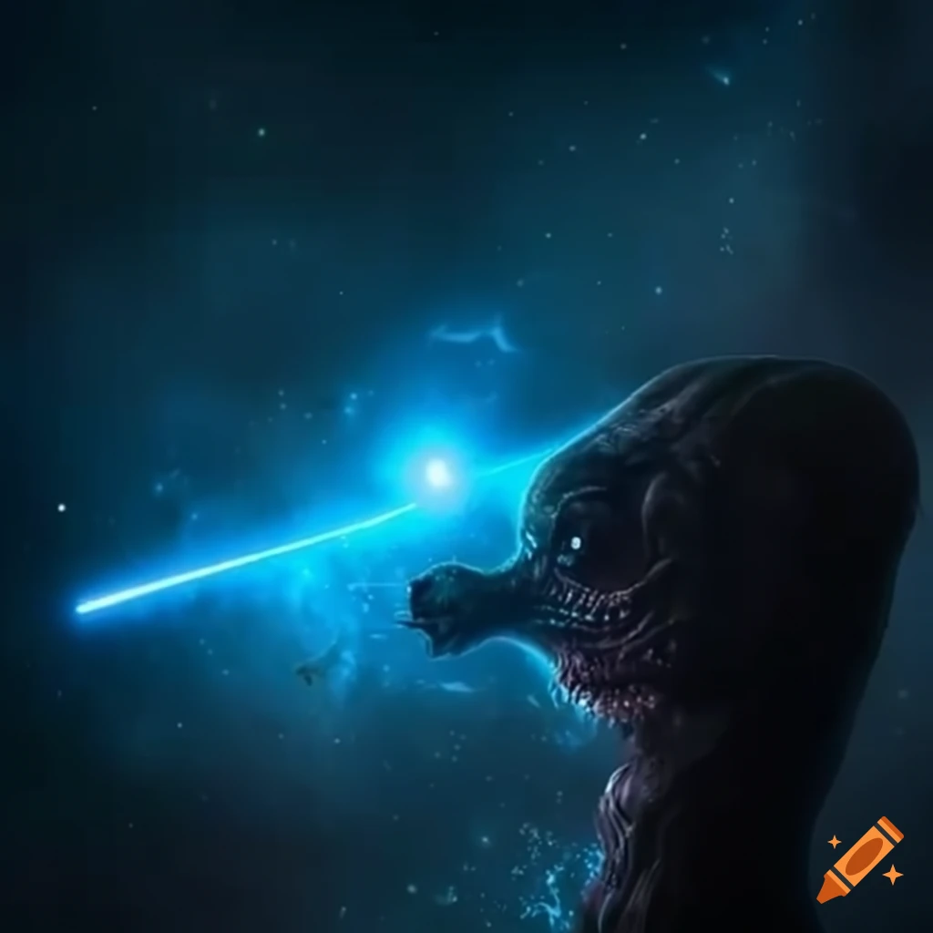 Laser fight between space men and alien creatures on a strange planet ...