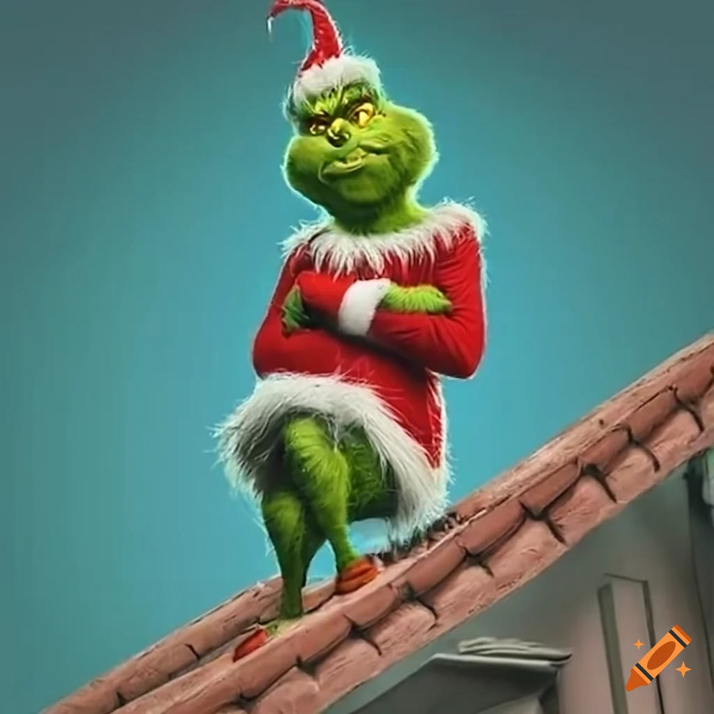 The grinch climbing a roof in summer attire