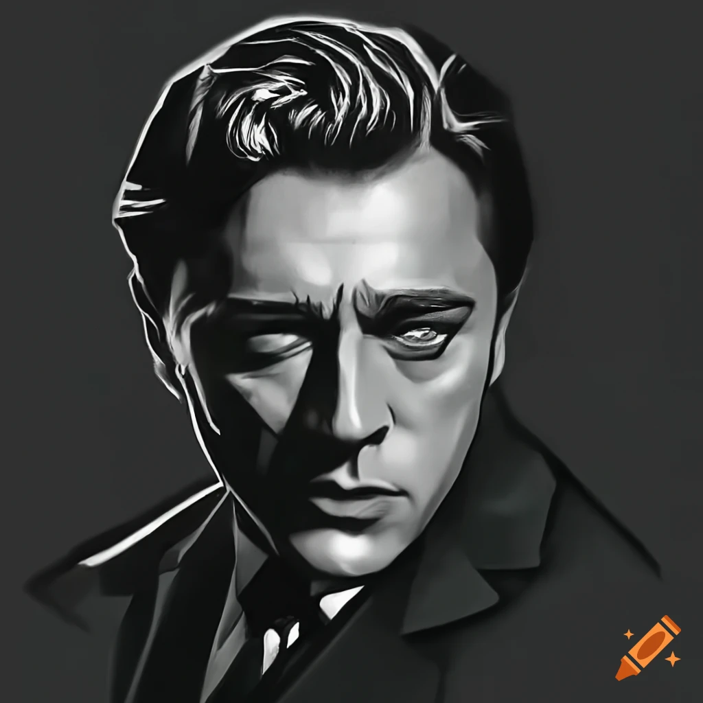 Grayscale portrait of Richard Burton as a menacing gangster on Craiyon