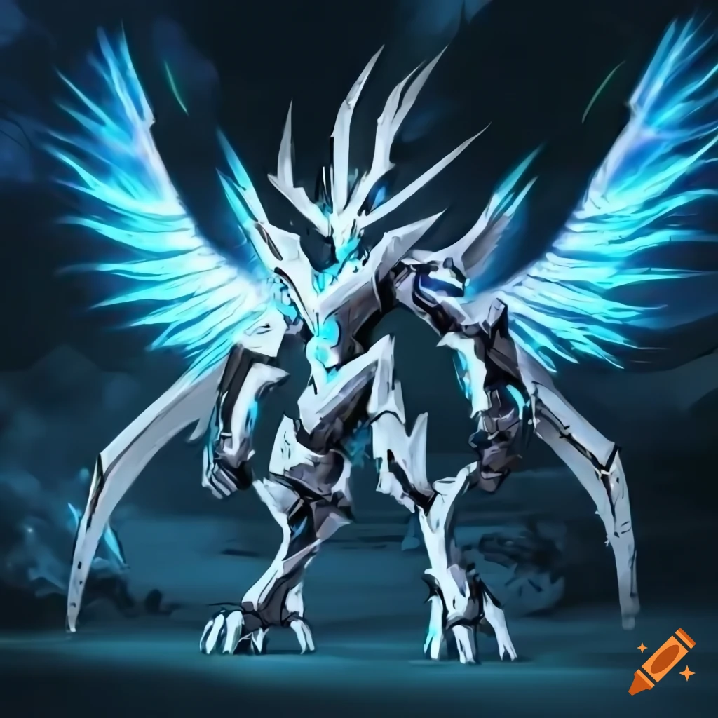 Winged slender white armored mecha with glowing blue eyes and long ...