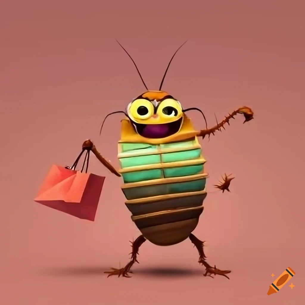 Smiling and happy cockroach with a dollar sign shopping bag, hat, and ...