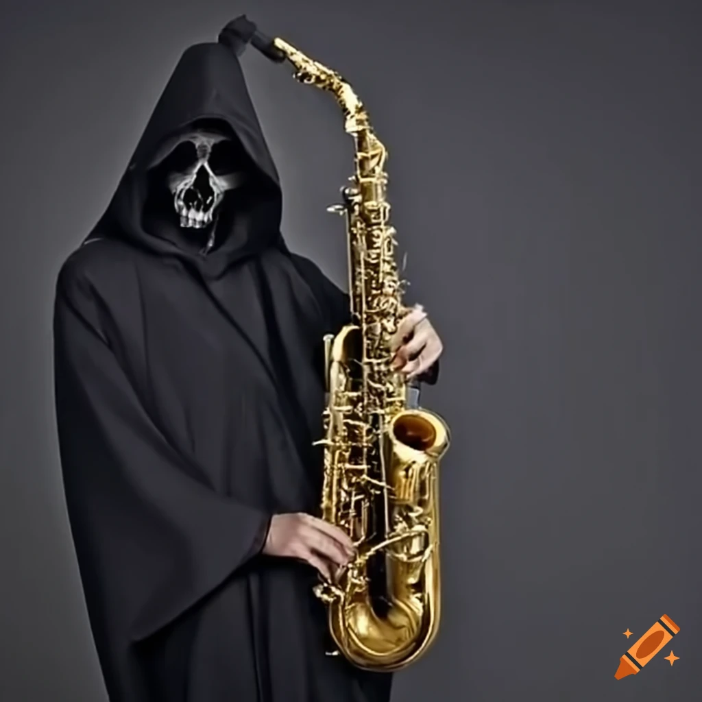 Grim reaper playing a saxophone