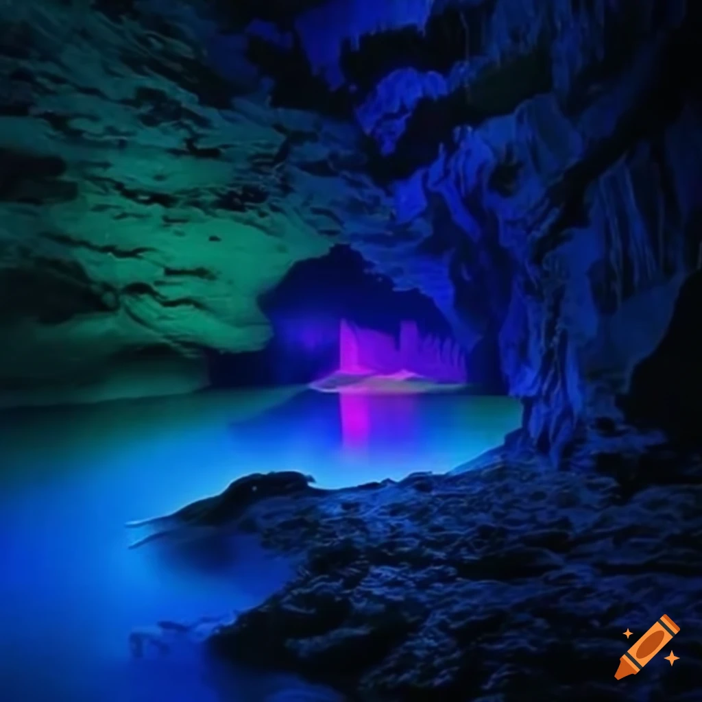 Luminescent cave with glowing crystalline lake on Craiyon