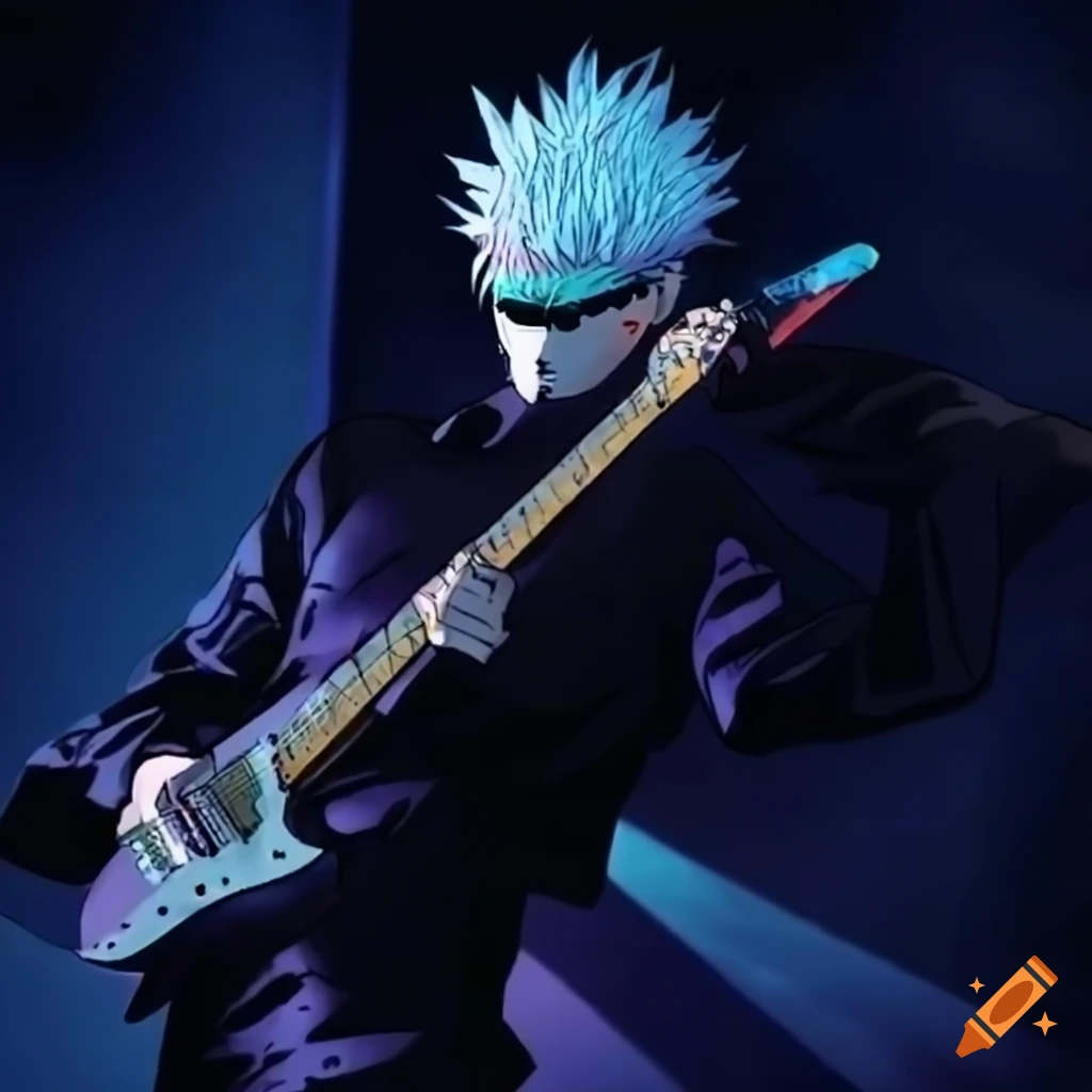 Gojo satoru from jujutsu kaisen playing electric guitar on stage on Craiyon