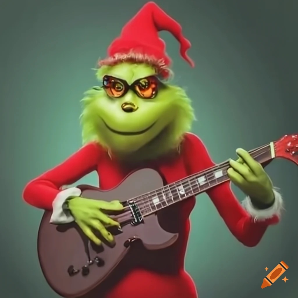 Grinch with red glasses playing a gibson guitar