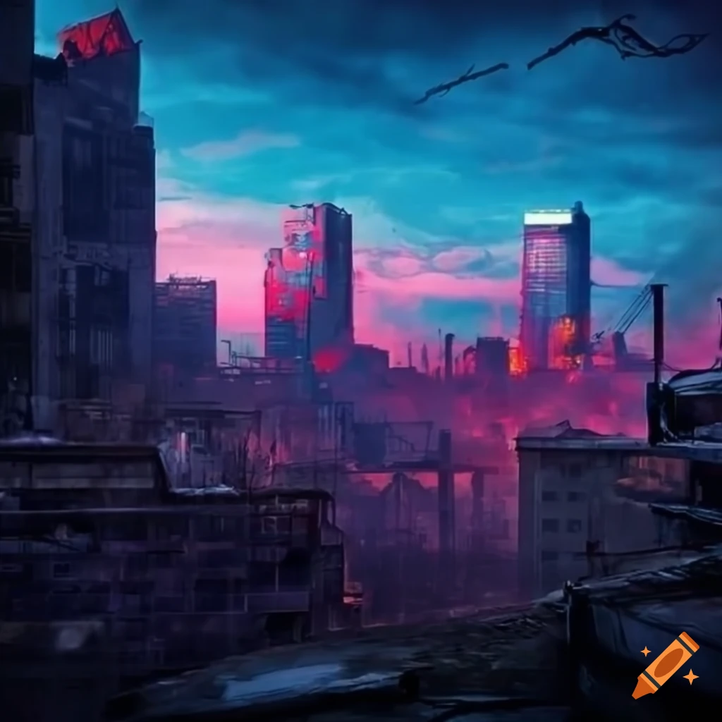Post-apocalyptic neon city with red sky on Craiyon