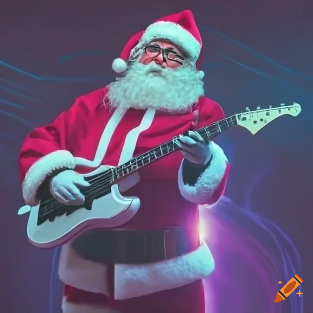 Synthwave santa claus playing electric guitar in front of a laser show