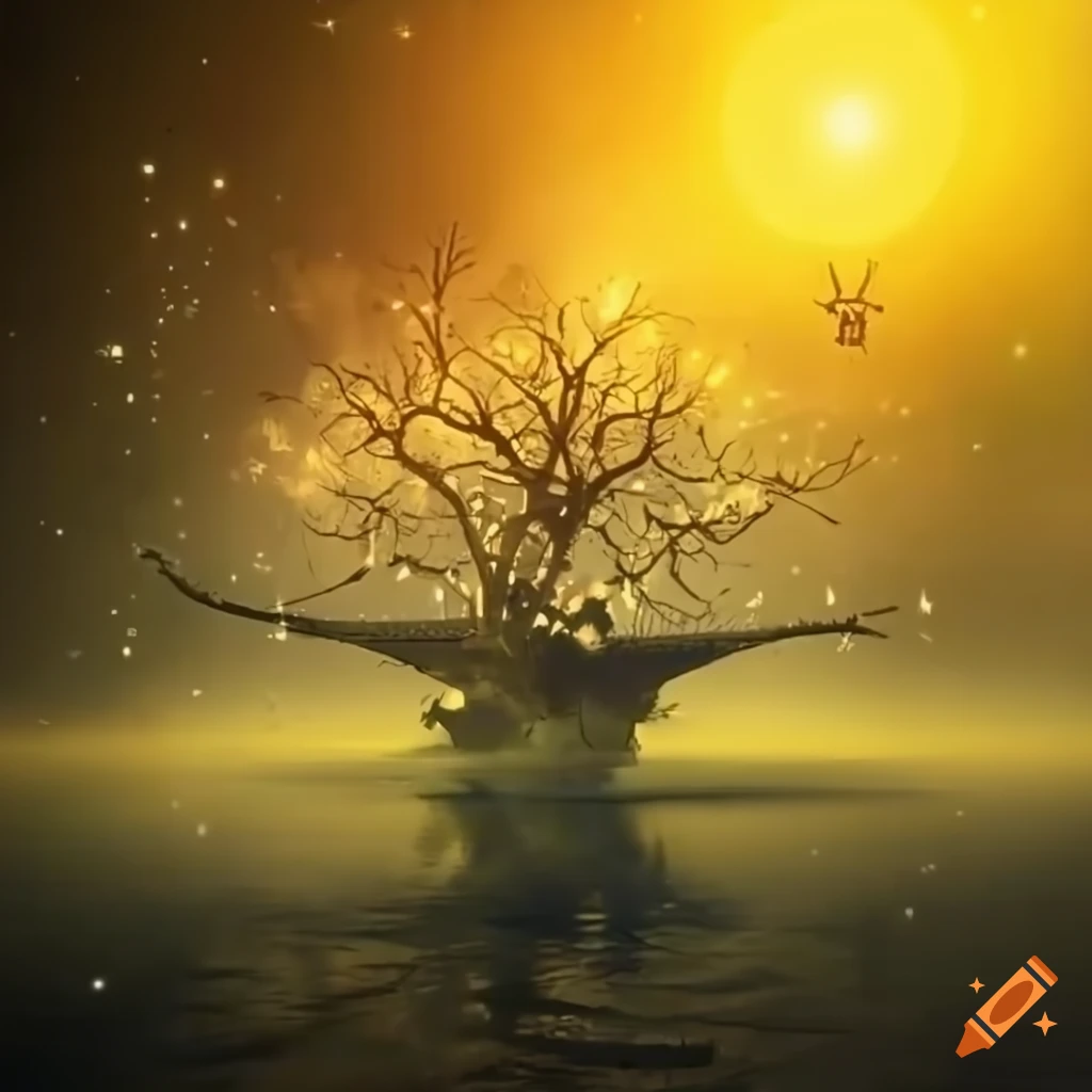 Surrealistic creatures in a park with strange trees, streetlights, and ...