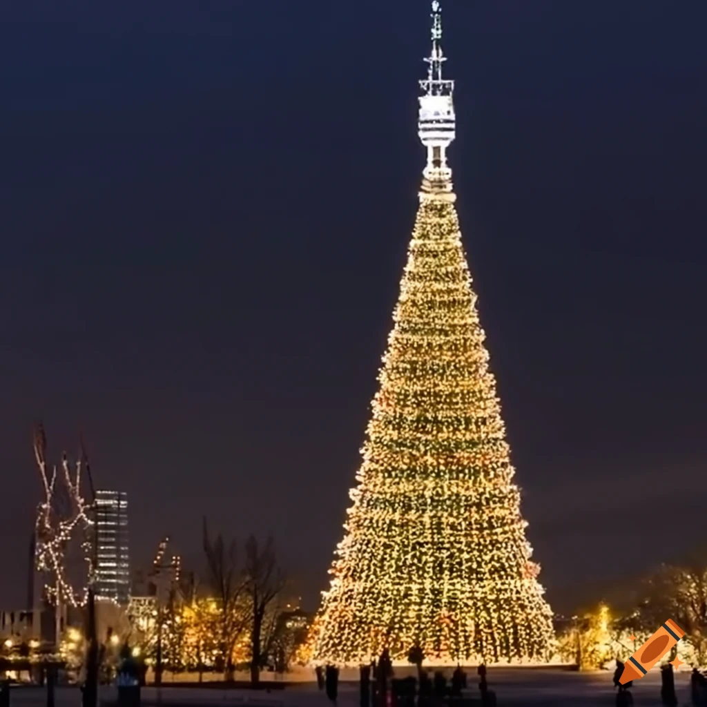 Telecom tower decorated like christmas tree in a peaceful setting on ...