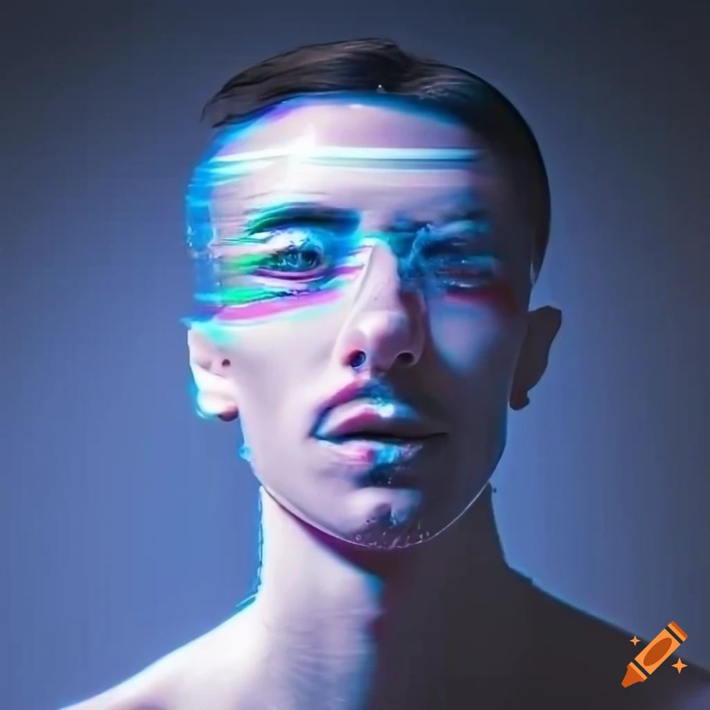 Abstract glitch portrait of a nerdy man in white light