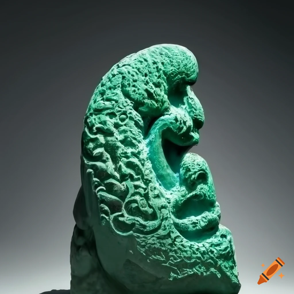 Green stone carving of a crashing wave on Craiyon