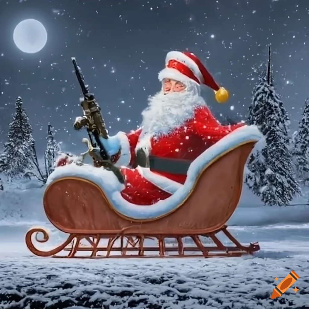 Santa's sleigh with cannons, machine guns, and rocket launchers on a ...