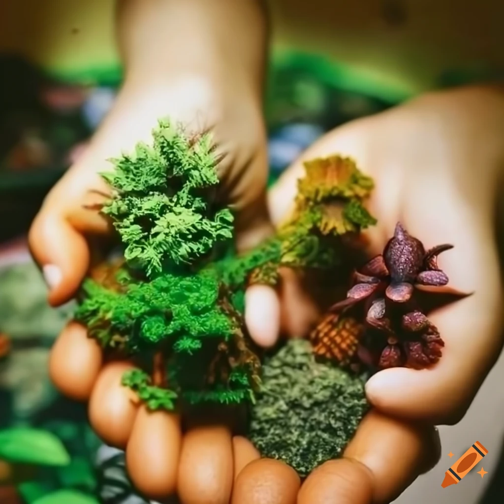 Abundant miniature jungle ecosystem with diverse plants and animals