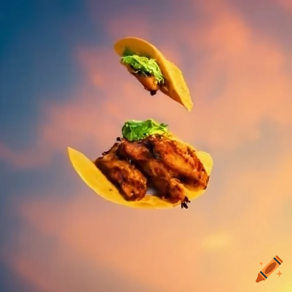 Tacos with wings flying in the sky on Craiyon