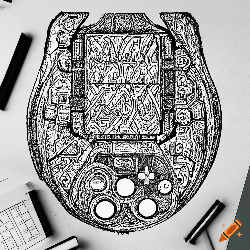 Video game shield module in black and white stiple drawing
