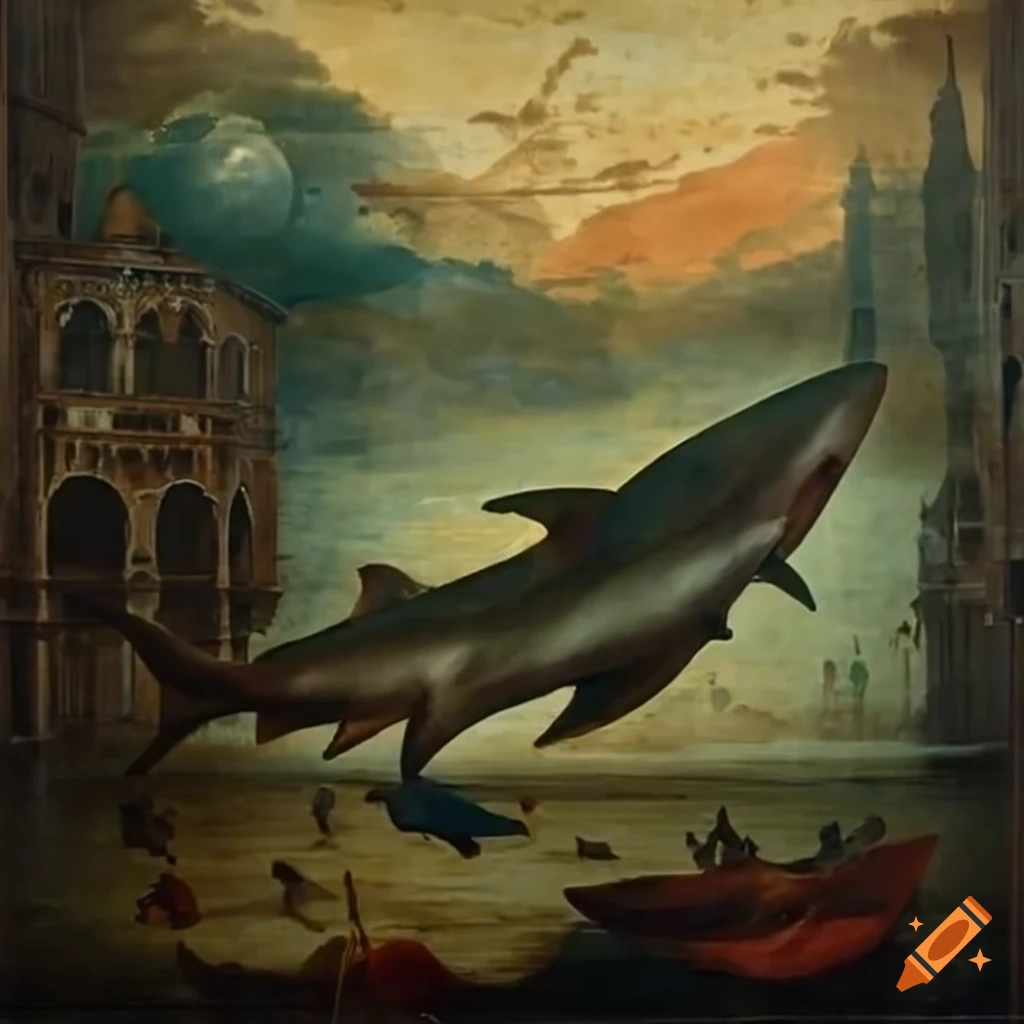 Shark swimming in venice in a renaissance painting