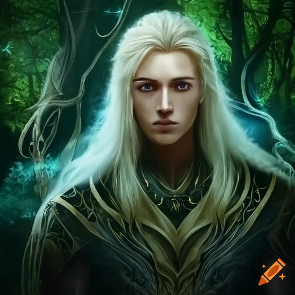 Poster of a tall male elven king in a mystical forest on Craiyon