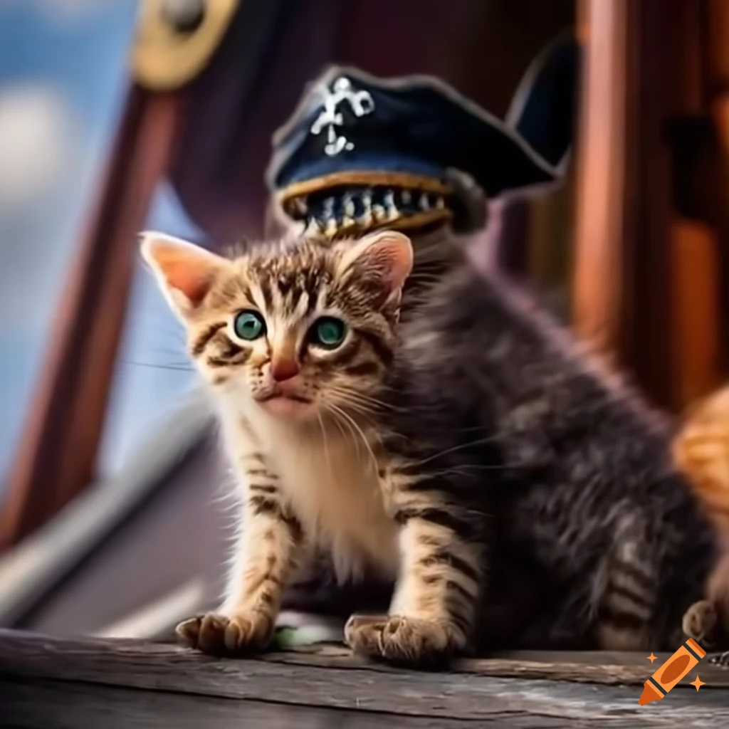 Adorable furry pirate kittens playing on a ship's top deck on Craiyon