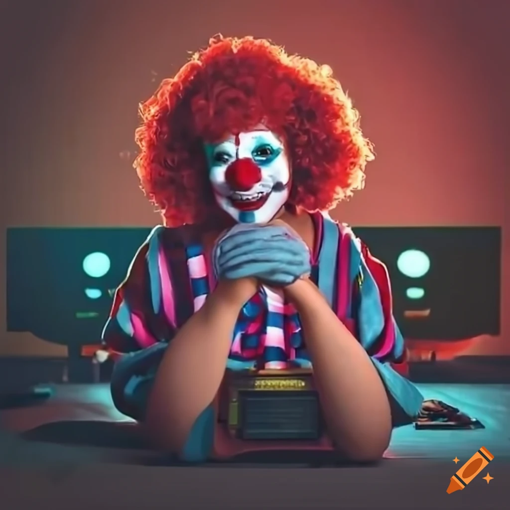 Clown with gaming peripherals sitting in front of pc on Craiyon