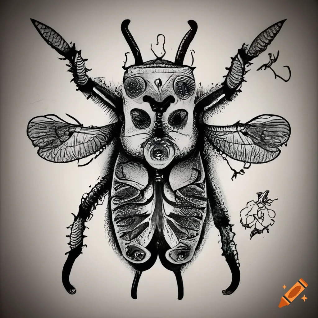 Various insects in traditional tattoo flash sheet style in grayscale