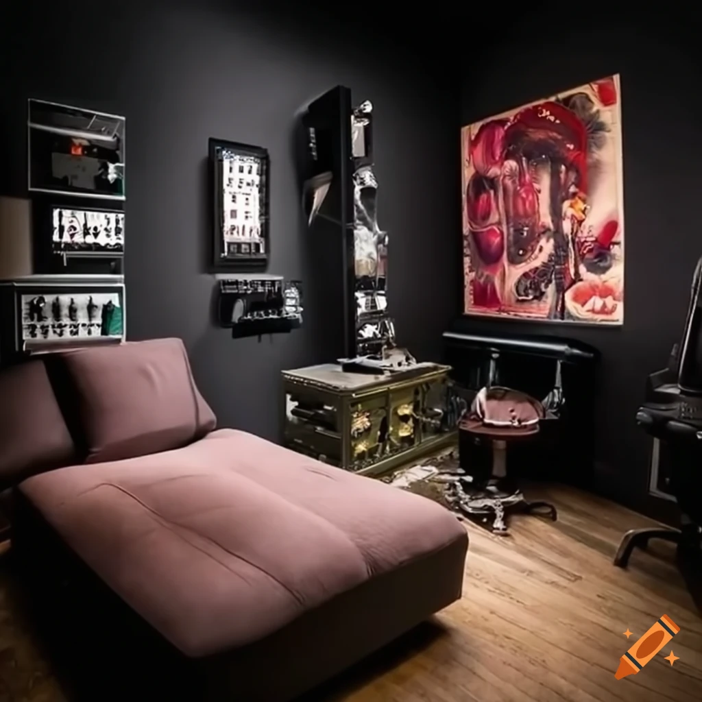 Entrance of a berlin tattoo studio with a couch and cash register