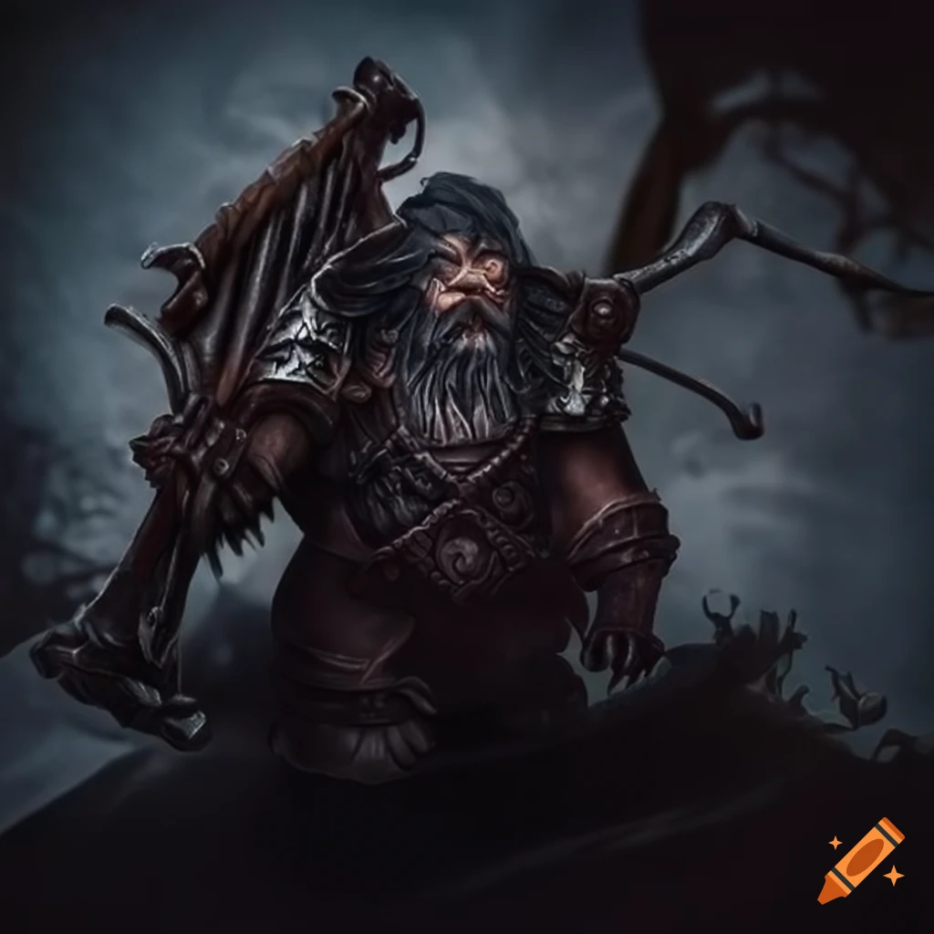 Dark fantasy illustration of a dwarf with a crossbow
