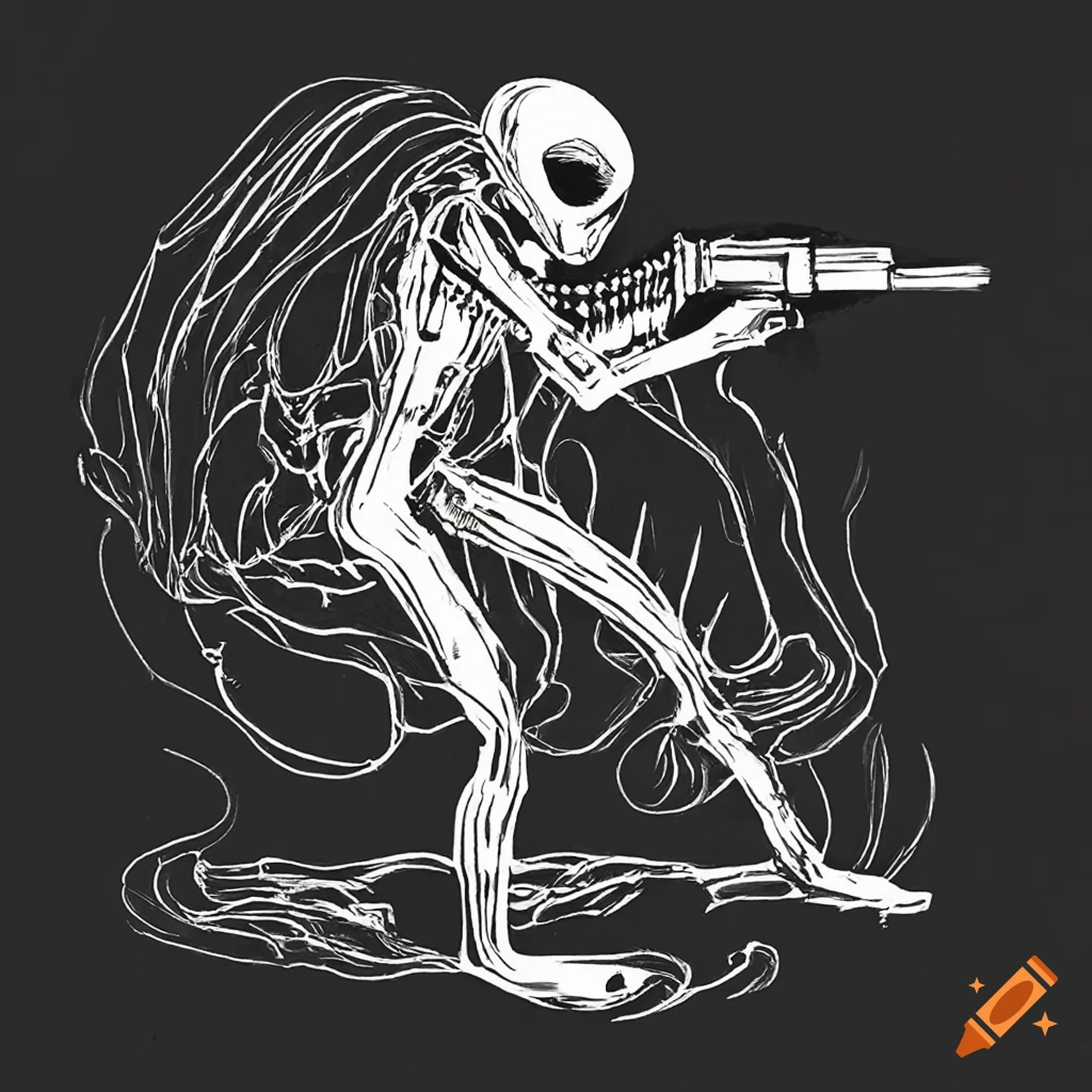 Grey alien shooting with a sci-fi laser pistol in black and white ink ...