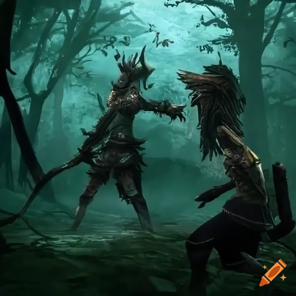 Epic fantasy scene of intense fight between hunter and monster in a ...