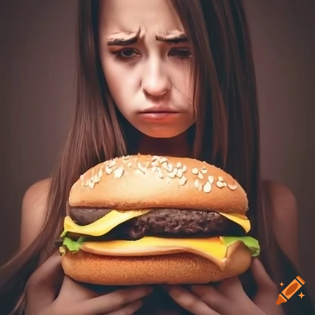 Sad Brunette Girl Hugging A Giant Cheeseburger On Craiyon