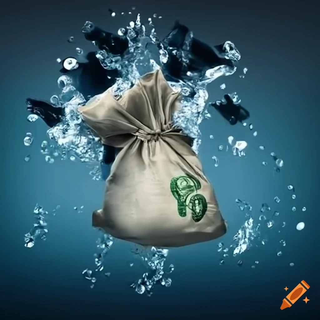 Money bag breaking and overflowing underwater