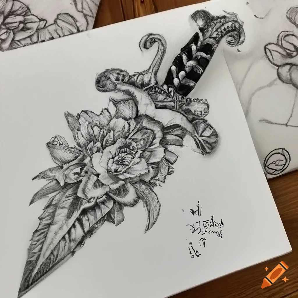 Pencil drawing of ornamental dagger stuck in peonies on Craiyon