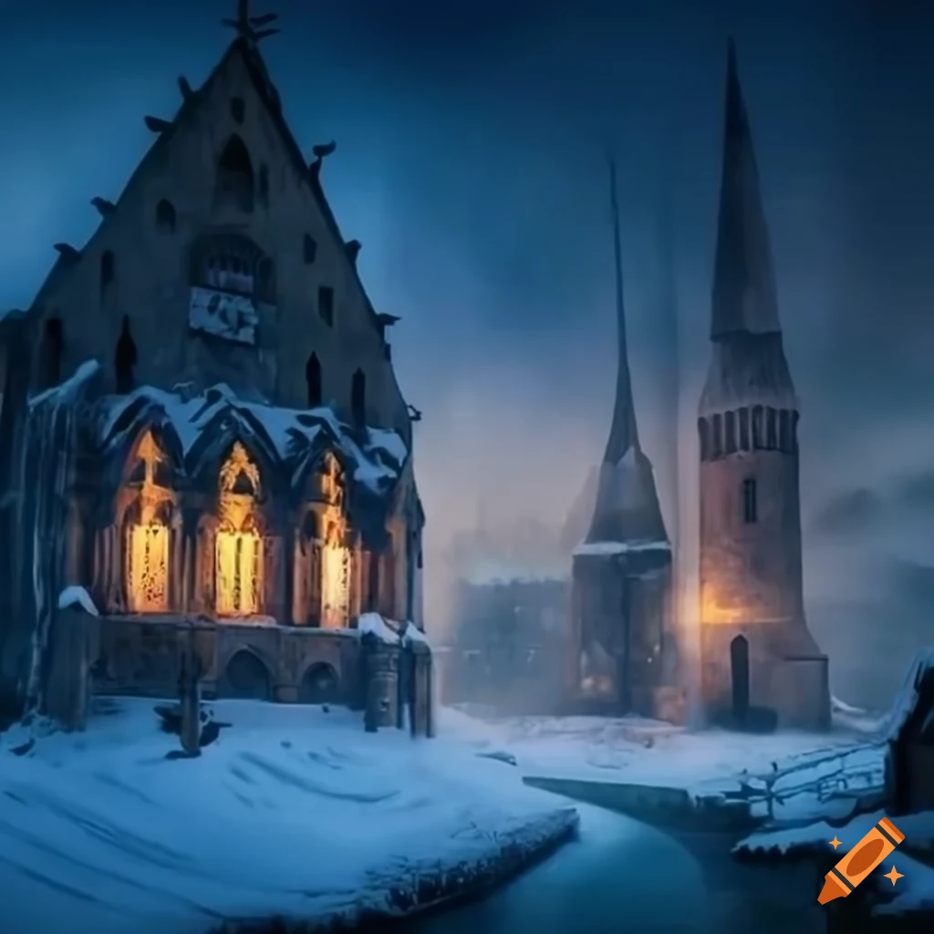 Medieval fantasy monastery in cold winter night with flickering torches ...
