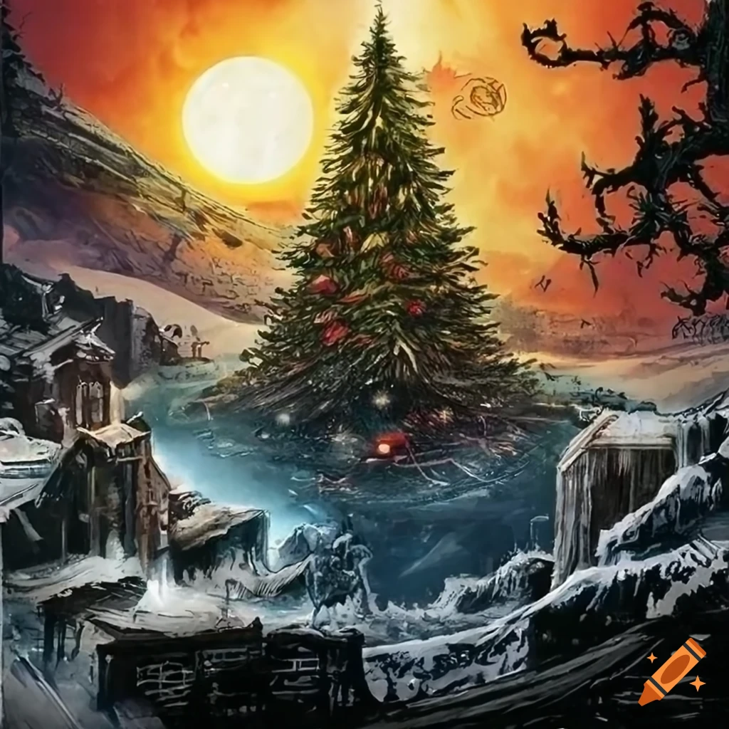 Giant christmas tree on an alien planet in a dark fantasy setting