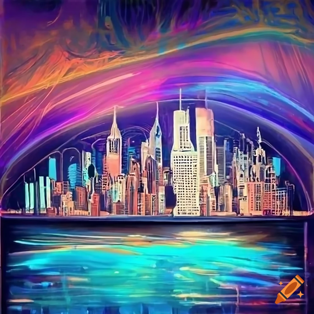 New York City painting in hologram art nouveau style with pastel colors ...