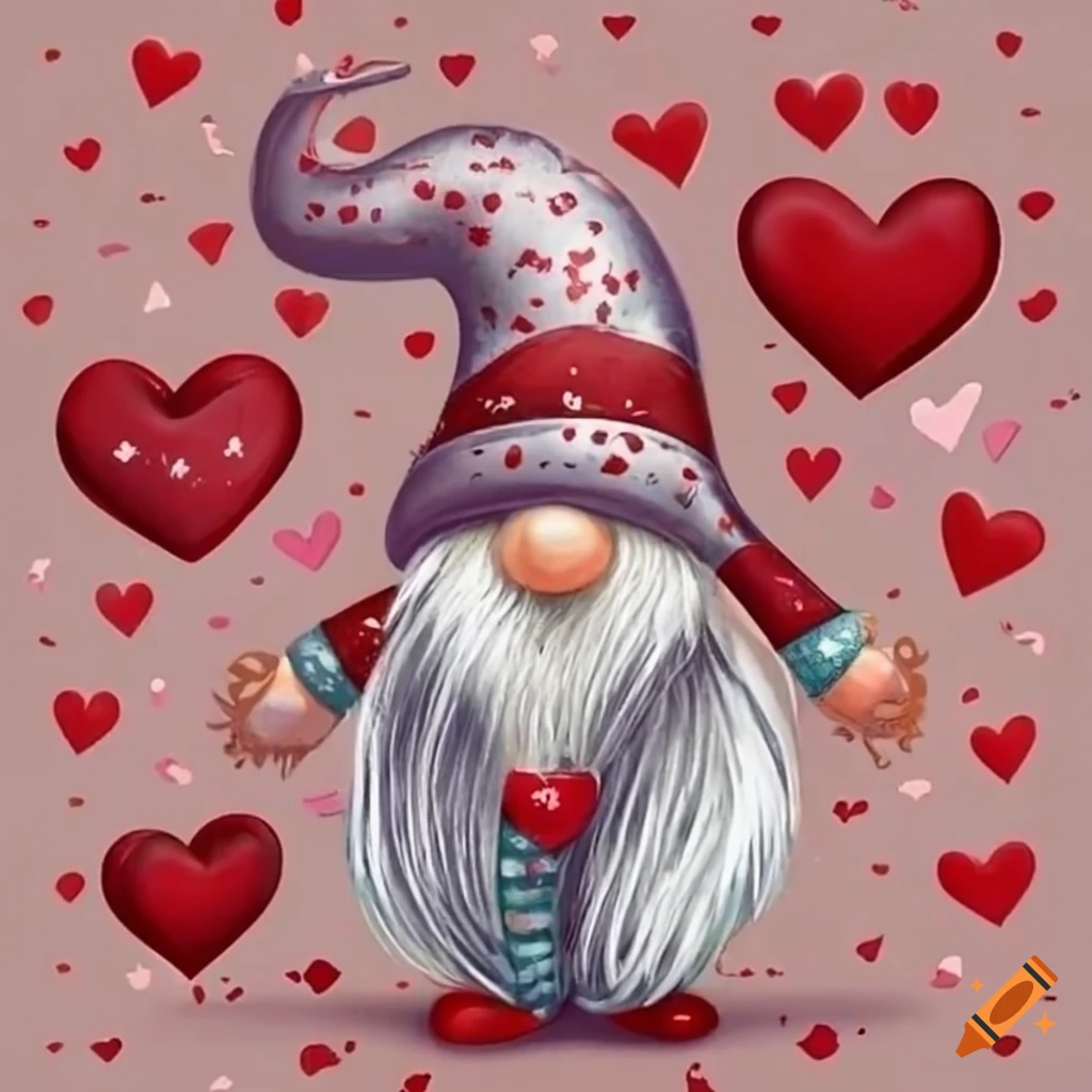 Valentine's day wrapping paper with gnomes and hearts