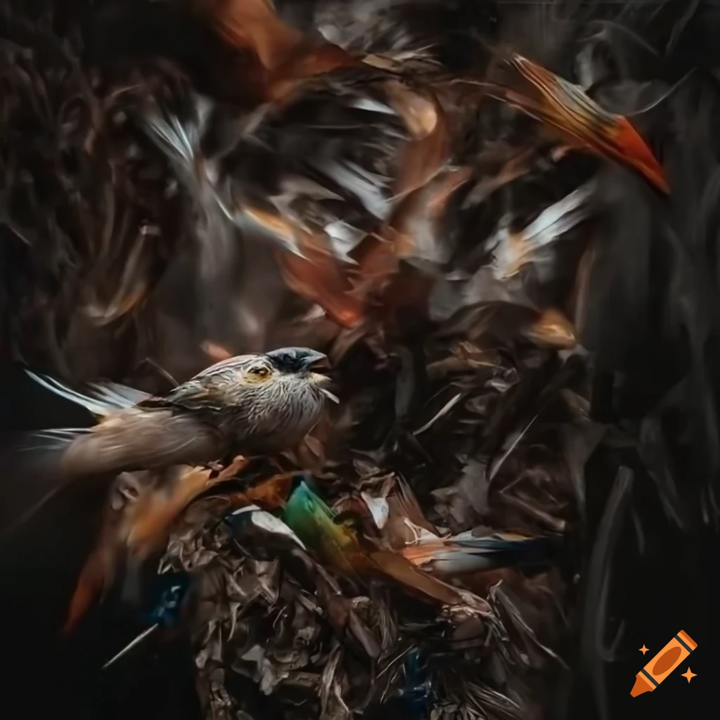 Distorted birds caught in chaotic junk garbage web in a dystopian ...