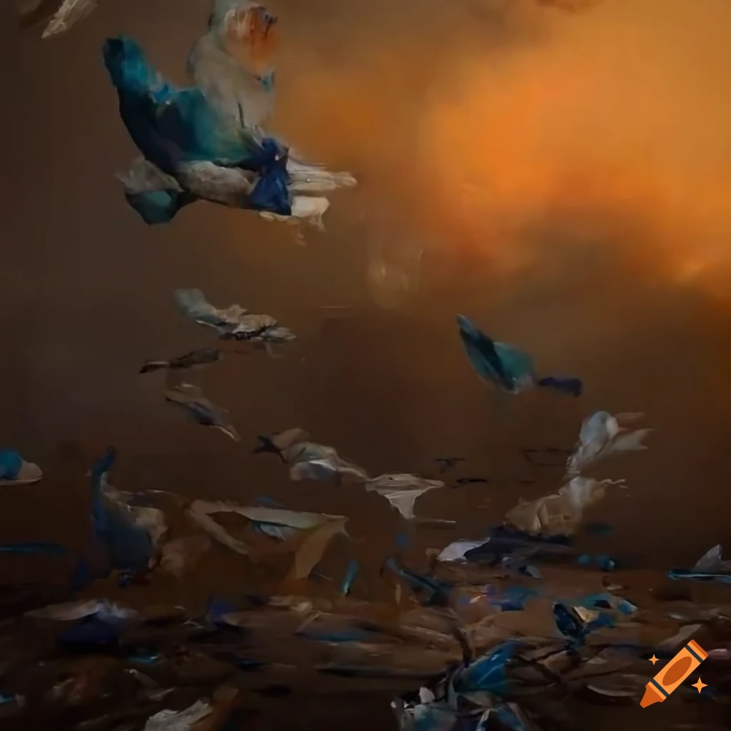 Distorted birds caught in chaotic web in a dystopian landscape ...