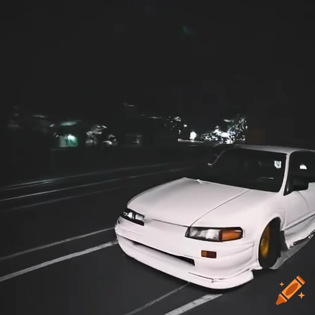 Vintage VHS footage of a white JDM drift car in the Japanese mountains at night on Craiyon