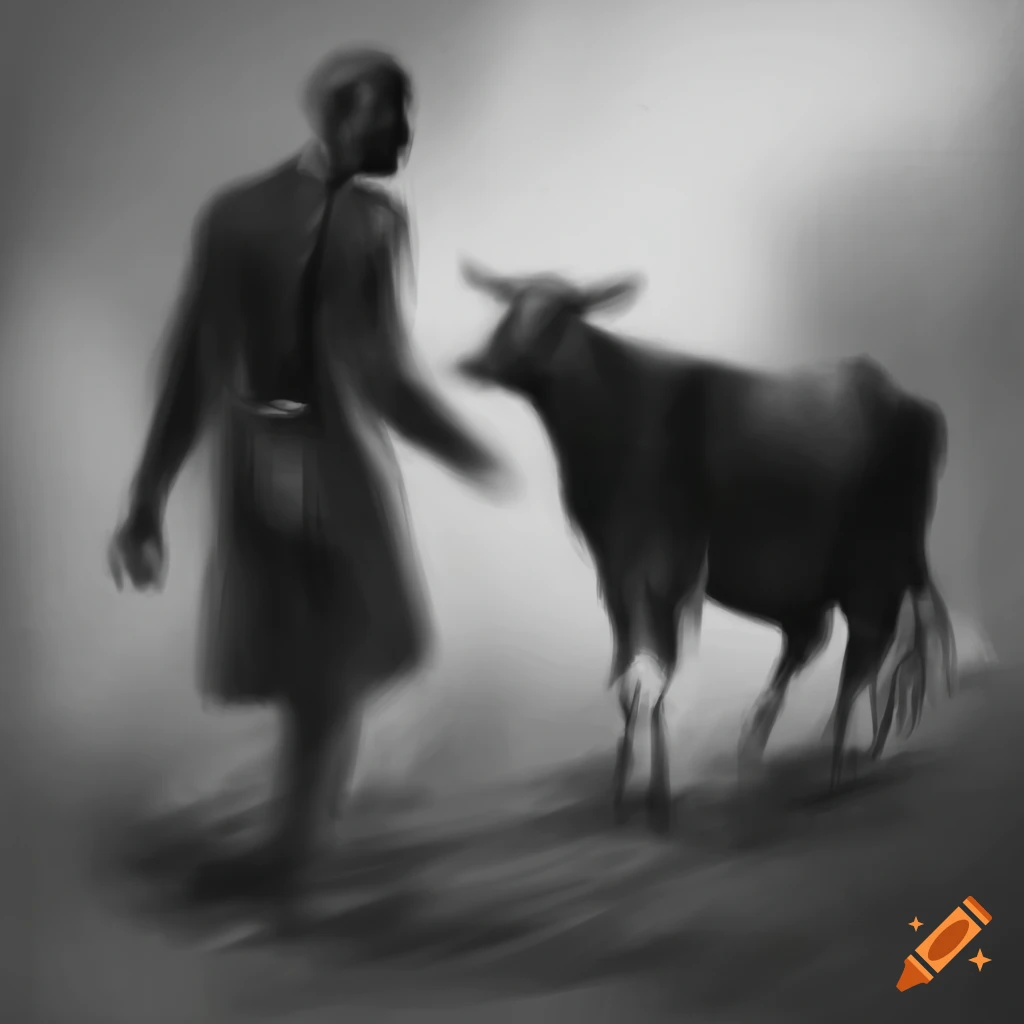 Vintage drawing of a man with his cow in 1900