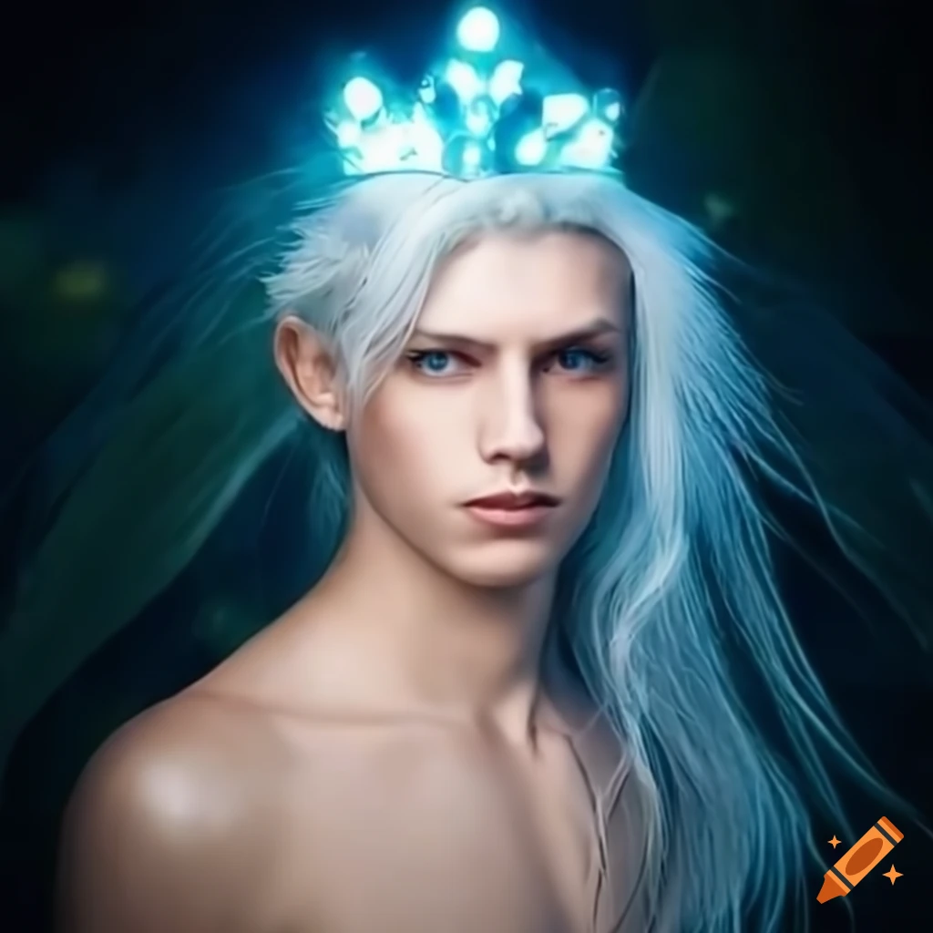 Male fairy king with white hair and wings casting magic in a forest ...