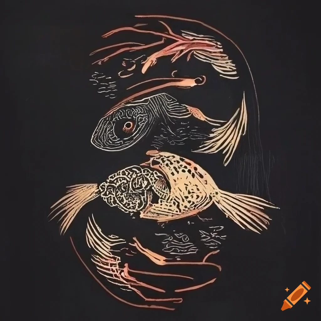 Koi fish playing ping pong in a linocut print style