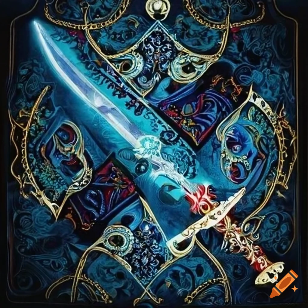Embellished playing card with detailed sword design