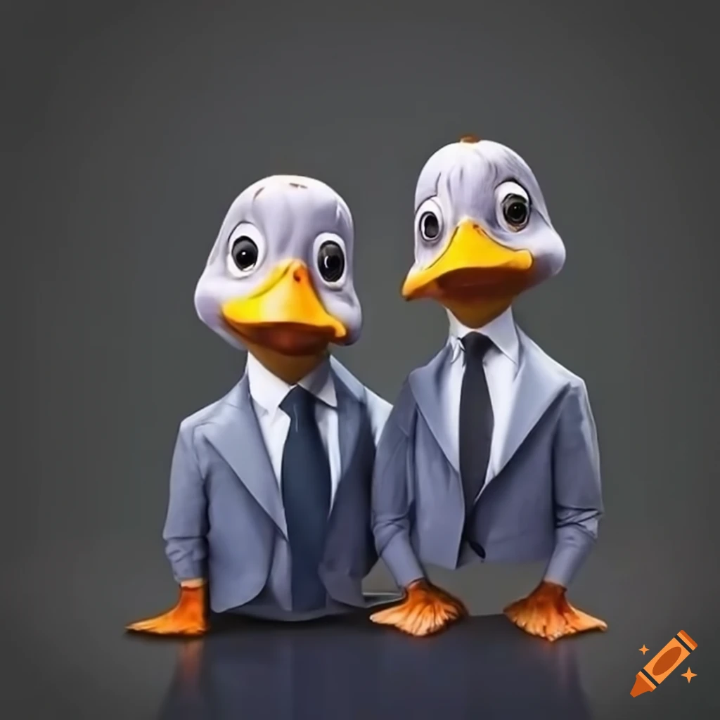 Three ducks in suits in an office setting