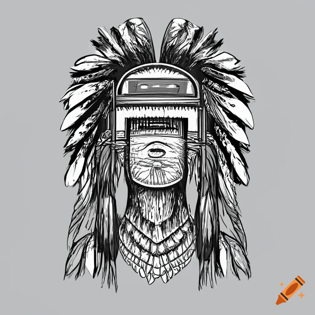 Native American with welding helmet and traditional headdress in ...